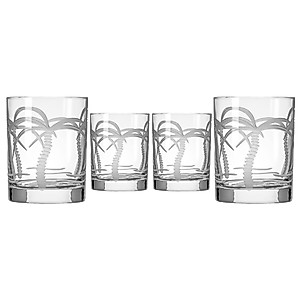 Rolf Glass Palm Tree Double Old Fashioned Glass 13 ounces | Engraved Whiskey Glasses | Lead-Free Tumbler Glass | Proudly Made in the USA (Set of 4)
