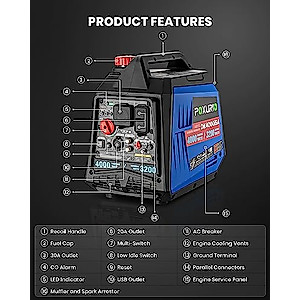 POXURIO Portable Inverter Generator, DK4000iSA, 4000W Gas Powered Generator, Super Quiet Generator, Eco-Mode/RV Ready/Lightweight/EPA Compliant/Carb for Outdoor Camping, Home, Dining Truck, Travel