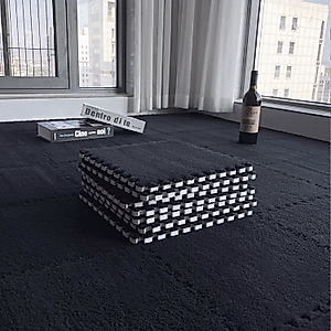 12 Pcs Shaggy Interlocking Foam Carpet Tiles - 12" x 12", 12 Sq,Ft Kids Carpet Squares Protective Floor Mats Crawling Exercise Area Rugs for Children Room, Home or Classroom Use, Black