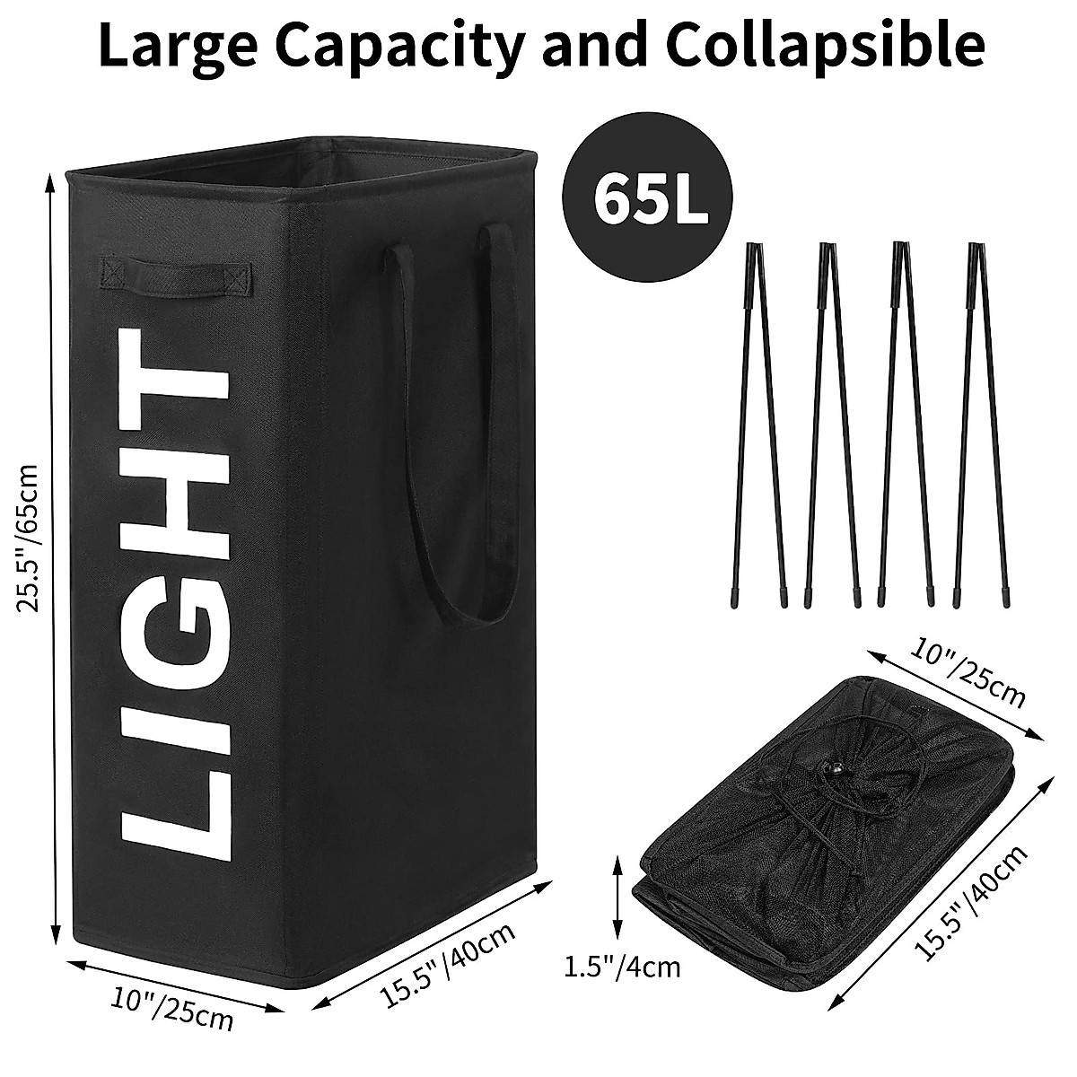 WOWLIVE Double 65L Slim Laundry Hamper 2 Pack Tall Thin Laundry Basket with Extended Handles Dark and Lights Separator Narrow Dirty Clothes Hamper Collapsible Laundry Organizer for Dorm Room (Black)