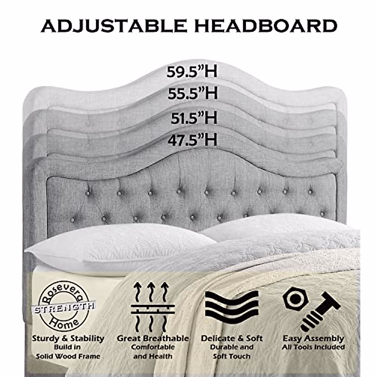 Rosevera Niana Adjustable Headboard with Fine Linen Upholstery and Button Tufting for Bedroom, Queen, Dove Gray