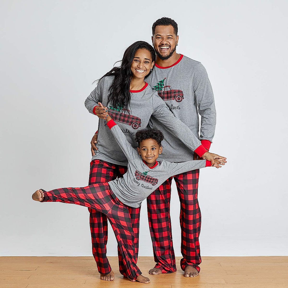IFFEI Matching Family Pajamas Sets Christmas PJ's Sleepwear Truck Print Top and Plaid Pants with Pocket Women: L