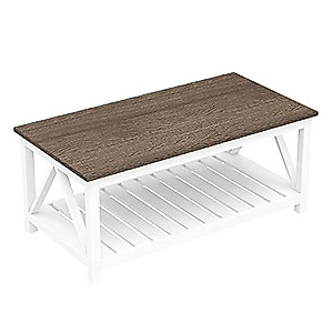 ChooChoo Farmhouse Coffee Table, Rustic Vintage Living Room Table with Shelf, 40 White