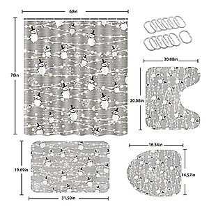 Alishomtll 4 Pcs Merry Christmas Shower Curtain Sets with Non-Slip Rugs, Toilet Lid Cover and Bath Mat, Xmas Snowman Shower Curtains with 12 Hooks, Snowflake Shower Curtains for Bathroom Decoration