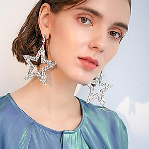 Xerling Full Crystal Rhinestone Star Dangle Hoop Earrings Big Star Drop Earrings Bling Sparkly Earrings for Party Wedding Bar