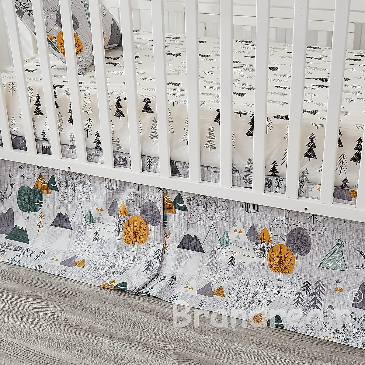 Brandream Woodland Baby Crib Bedding Set | 3-Piece Crib Bed Blanket, Fitted Crib Sheet and Crib Bed Skirt Cotton | Snow Mountain Ancient Forest Theme - Gray White Black