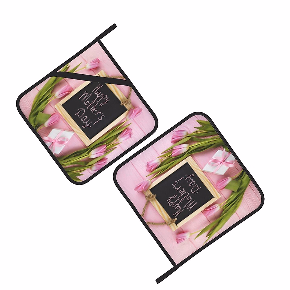 Potholders 2 Pieces Set, Happy Mother's Day Pink Tulips Gift Hot Pads with Anti-Scald Cotton Infill Material