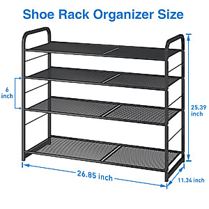 AIYAKA 4-Tier Shoe Rack Storage Organizer, Metal Stackable and Adjustable Shoe Rack for 16 Pairs of Shoes for Entryway Closet Doorway, Black