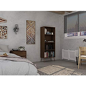 Manhattan Comfort Rockefeller Mid Century Modern 4 Shelves Home Office Bookcase with Metal Legs, 21.26", Brown