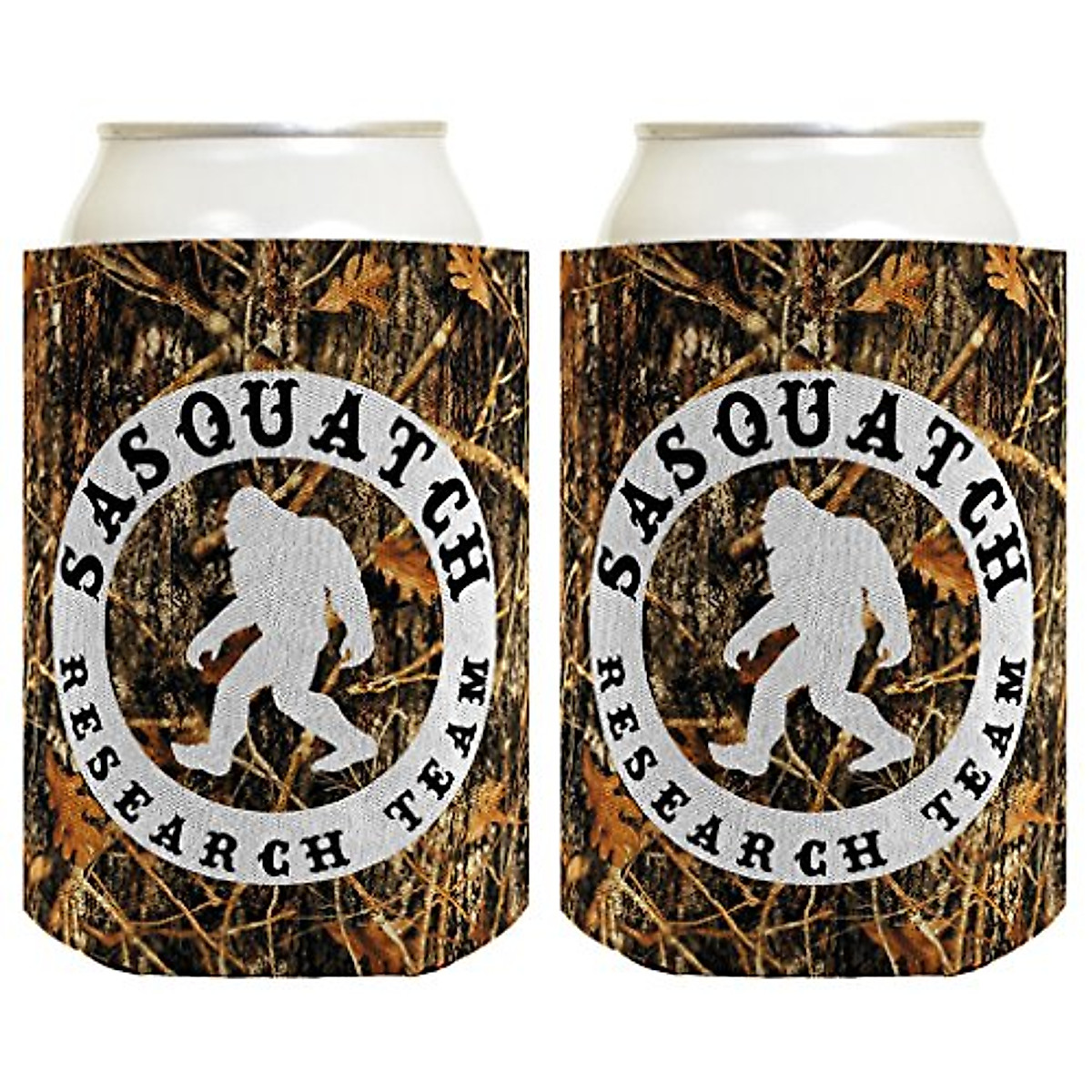 Funny Can Coolie Sasquatch Research Team Camping Gag Gift Outdoors Hiking Hunter Hunting 2 Pack Can Coolie Drink Coolers Coolies Woodland Camo