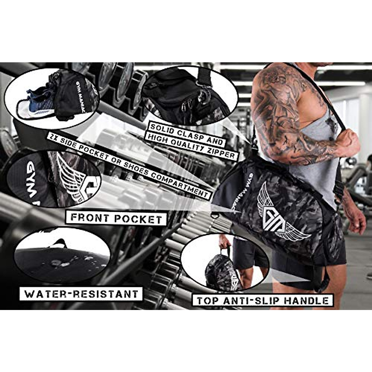 Gym Maniac Gym Bag with Shoe Compartment for Men and Women - Versatile Design Doubles as a Duffle, Backpack, Overnight and Crossbody - Workout Gear and Sports Accessories - Football, Cheer, Wrestling