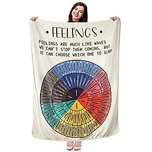 Feelings Wheel Blanket 60 x 50 Inch Wheel of Emotions Blanket Emotions Feelings Chart Wheel Flannel Throw Blanket Counselor Therapy Blanket Mental Health Gifts for Adults Kids Couch Bed Sofa