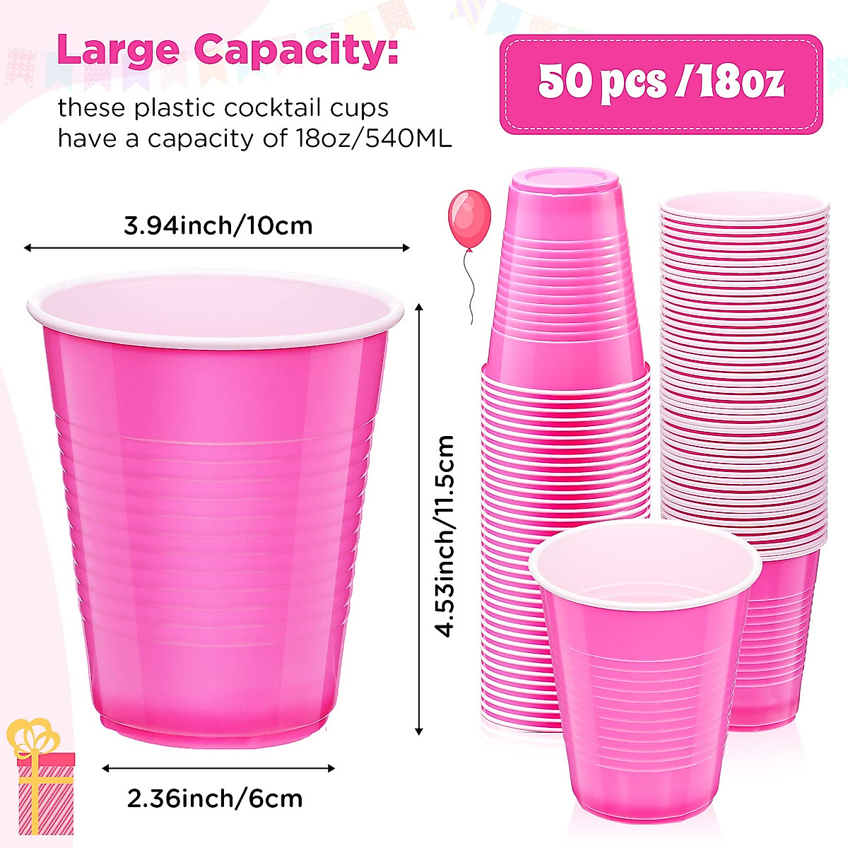 50 Count Party Cups 18 Ounce Disposable Plastic Cups for Wedding Birthday Party Beverage Drinking Water Cups for Indoor Outdoor Event Bachelorette Camping (Pink and White)
