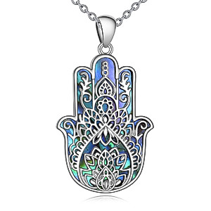 VONALA Hamsa Necklace 925 Sterling Silver Hand of Fatima Necklace Lotus Flower Pendant Good Luck Jewelry Gift for Women Men