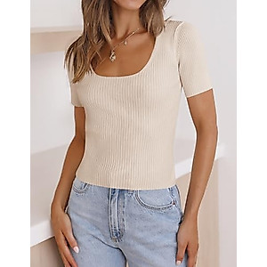 ZESICA Women's 2023 Short Sleeve Square Neck T Shirts Slim Fitted Summer Ribbed Knit Basic Casual Tee Tops,Sand,Medium