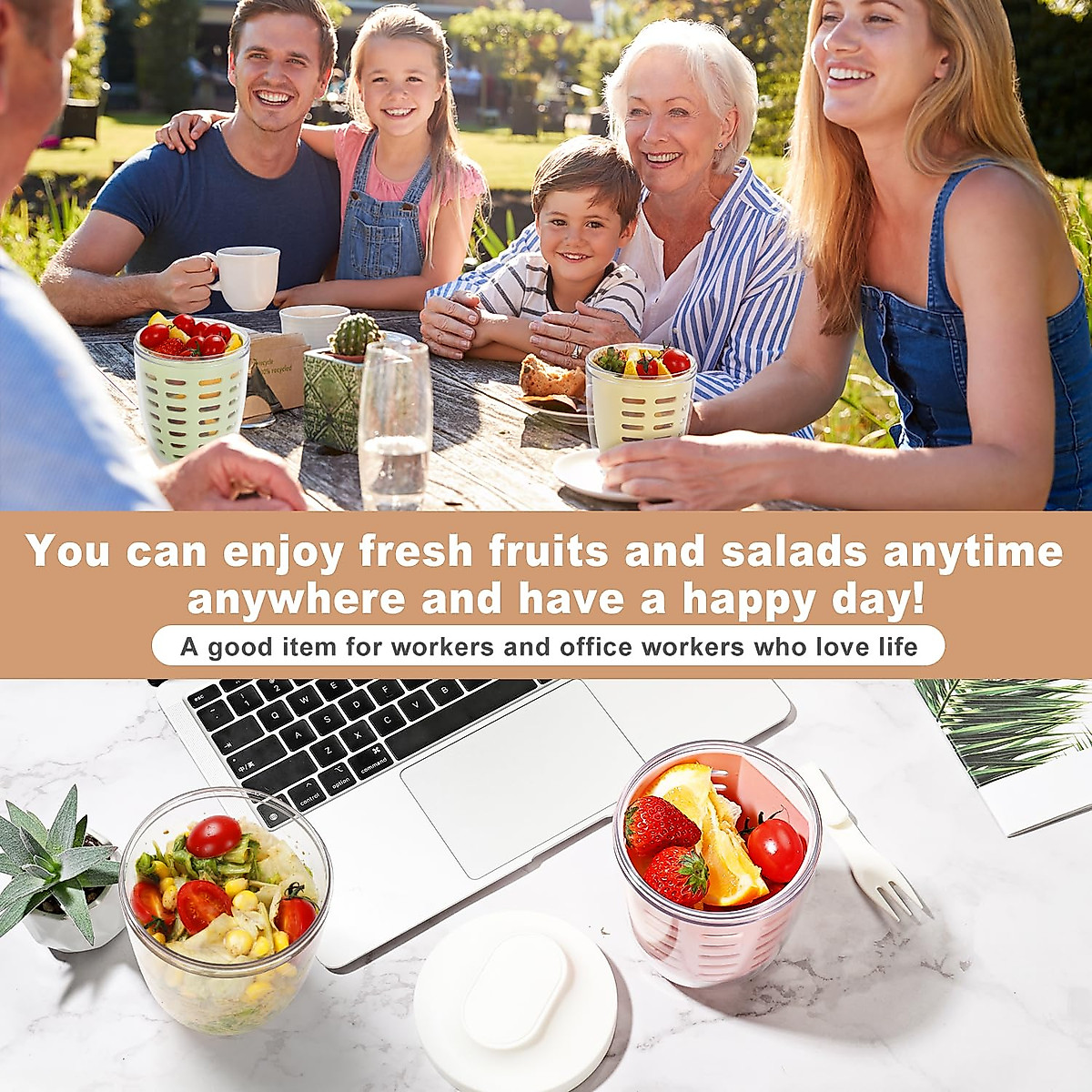 Portable Picnic Party Fruit Salad Storage Cup with Lids and Fork,20 Oz Fruit Storage Containers for Fridge with Removable Colander BPA-Free,Leak-Proof,Keep Fruits,Berry,Salad Fresh longer (pin+gre+ye)