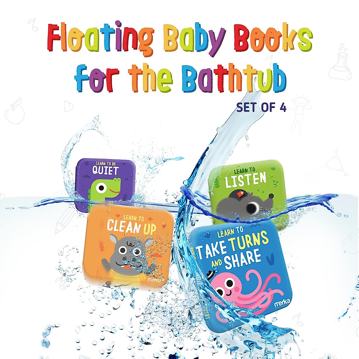 merka Baby Bathtub Bath Toys for Toddler Baby Bath Toys Baby Books 4 Plastic Book Take Turns Clean Up Listen Be Quiet Perfect Baby Gifts for Sharing and Learning