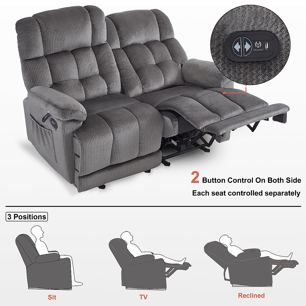 MCombo 58.7" Power Loveseat Recliner, Electric Reclining Loveseat Sofa with Heat and Massage, USB Charge Port for Living Room 6237 (Grey, Loveseat Recliner)