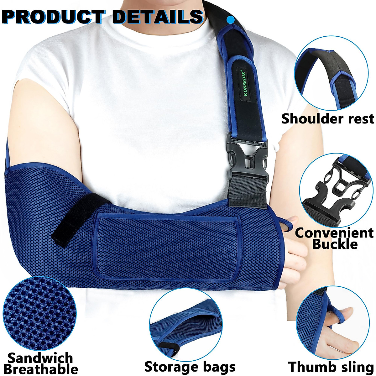 KONSEDIK Arm Shoulder Sling,Breathable Medical Sling with Shoulder Pad,support for Women and Men Rotator Cuff Injury,Left or Right Arm,Elbow,Clavicle Fracture Post-Surgery(Blue, Medium)