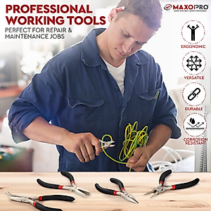 Premium Needle Nose Pliers Set – 5Pcs Anti-slip Comfort Grip Small Pliers Set - Round Nose, Toothless Needle Nose, Flat Nose, Diagonal & Toothed Needle Nose Pliers for Jewelry Making - By MaxoPro