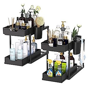 GAIPSWE 2 Pack Under Sink Organizers and Storage,2-Tier Double Sliding Cabinet Basket Organizer,Multi-purpose Storage Shelf for Bathroom Kitchen,Black