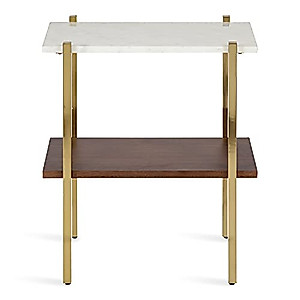 Kate and Laurel Abcott Midcentury Side Table, 20 x 12 x 24, Walnut Brown and Gold, Decorative Two-Tier Bedroom Nightstand Table with Genuine Marble Tabletop