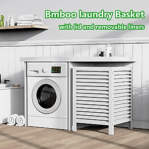 Laundry Hamper with Lid, 120 L Large Double hampers for laundry, Bamboo Two section divided Clothes Basket sorter for Bathroom, Bedroom with Removable Liner Bags,White