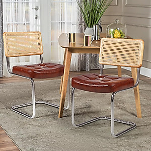 LEMBERI Mid-Century Modern Dining Chairs Set of 2, Upholstered Tufted Faux Leather Accent Chairs Rattan Dining Chair Armless Mesh Back with Metal Chrome Legs, Brown