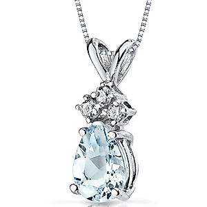 PEORA Aquamarine with Genuine Diamonds Pendant in 14 Karat White Gold, Dainty Teardrop Solitaire, Pear Shape, 7x5mm