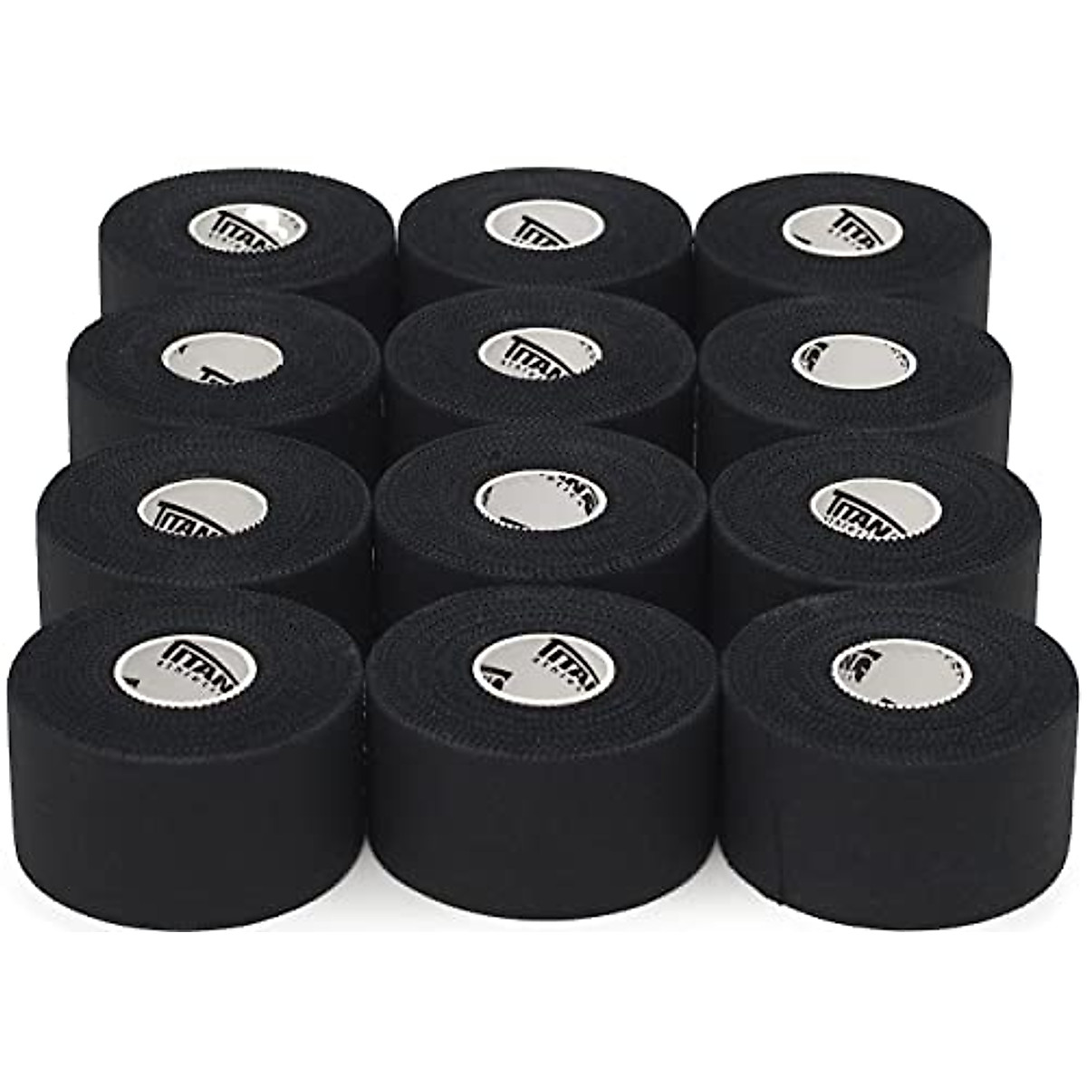 Titan Athletics - Premium Quality Black Athletic Tape/Sports Tape - 1 1/2 Inch x 45 Feet Per Roll - 100 Percent Cotton with Zinc Oxide - Easy Tear Zig Zag Design. (Black, 12 Count (Pack of 1))