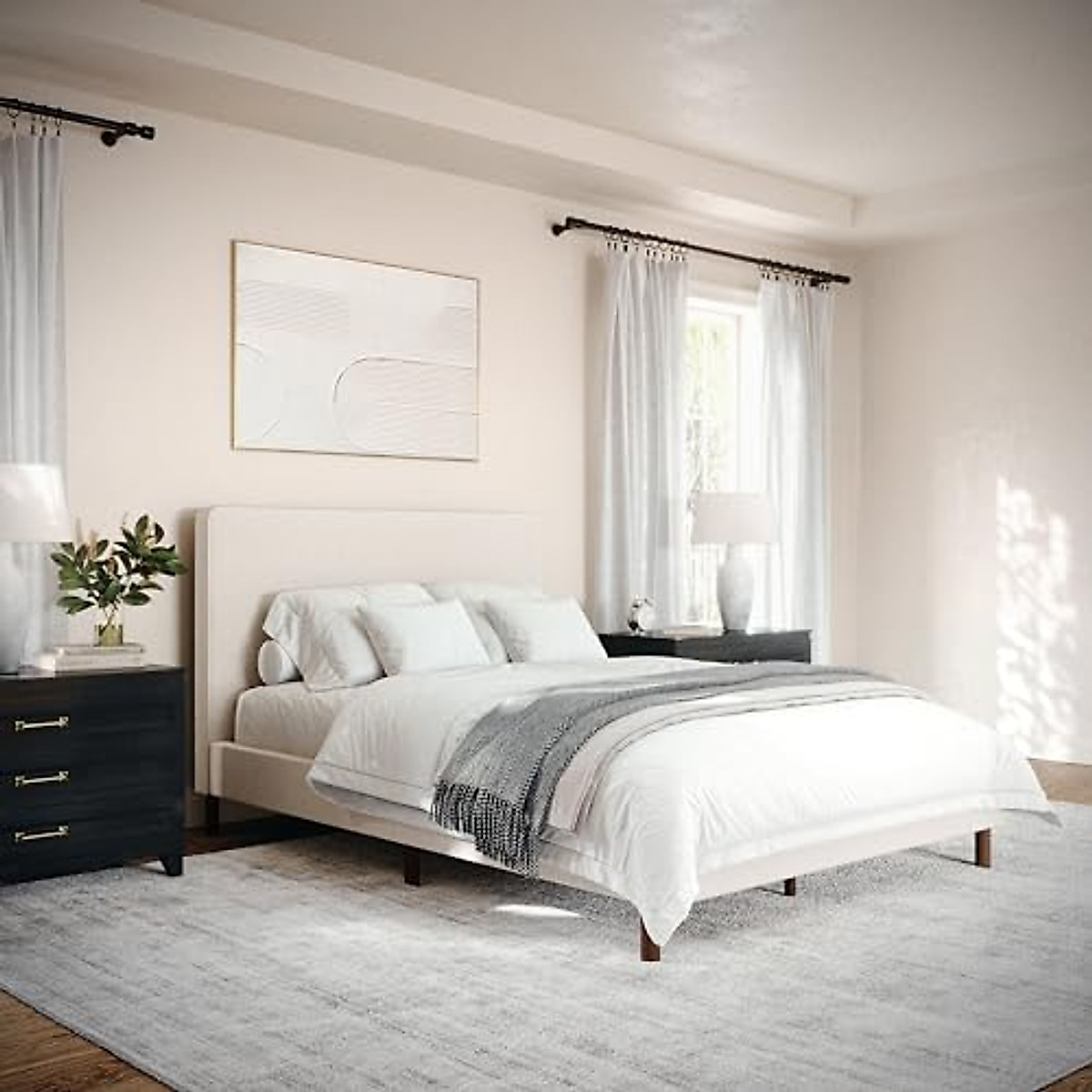 Martha Stewart Britta Platform Bed with Headboard & Footboard, Faux Linen Upholstery with Piping Detail, Rounded Headboard, No Box Spring Needed, Full, Beige