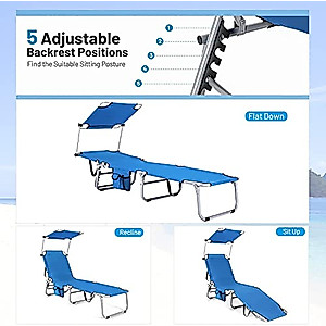 Tangkula Outdoor Folding Chaise Lounge Chair, 5-Fold Reclining Beach Chair, Patio Recliner Chair w/ 360° Canopy Shade & Side Storage Pocket, Portable Chaise Lounge for Beach, Sunbathing (1, Navy)