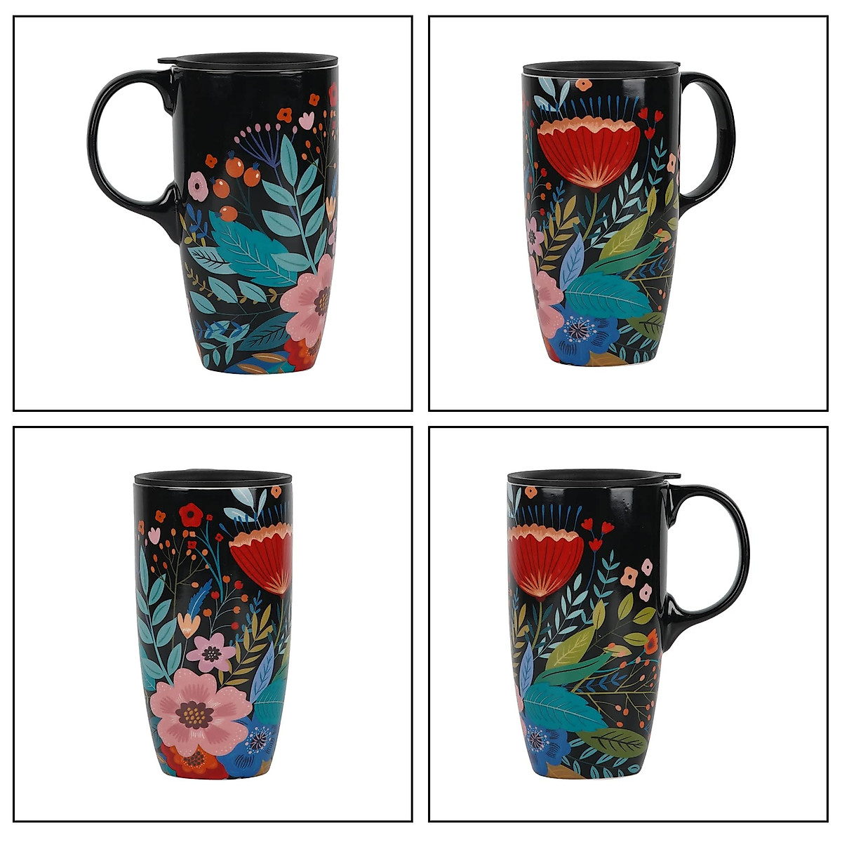 DUSVALLY Ceramic Mug Large Coffee Cup Tall Mugs Porcelain Latte Tea Cup with Lid and Color Box 17oz.Black and Colorful Flowers