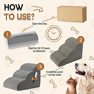 Romrol Dog Stairs Ramp for Beds Couches, Extra Wide Pet Steps with Durable Non-Slip Waterproof Fabric Cover, Dog Slope Stairs for Small Dogs and Cats or Pets Friendly, 3-Tiers