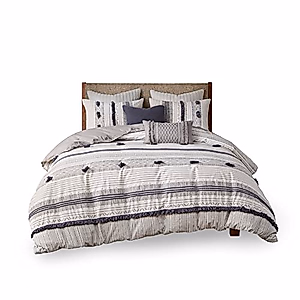 INK+IVY Cody Cotton Duvet Set - Geometric Modern Design with Fringe Tassel Trim and Pom Accent, All Season, Breathable Cover for Comforter Bedding, Shams, King/Cal King(104"x92") Gray/Navy 3 Piece