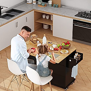 Qsun Kitchen Island with Storage on Wheels with Drop Leaf, Kitchen Island Cart with Rubber Wood Top, Large Storage Cabinet, Three Large Drawers, Side Towel Rack and Spice Rack (Black)