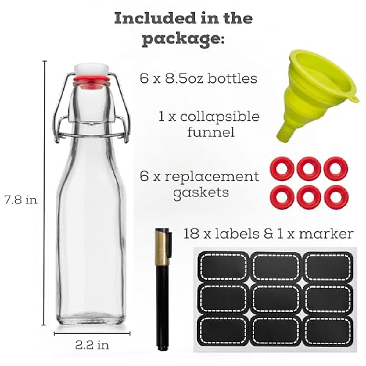 WILLDAN Set of 6-8.5oz Swing Top Glass Bottles - Flip Top Brewing Bottles For Kombucha, Kefir, Vanilla Extract, Beer - Airtight Caps and Leak Proof Lids, Bonus Gaskets and Funnel