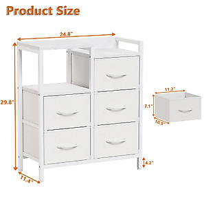 Furnulem White Dresser for Bedroom, Small Nightstand with 2-Tier Open Shelf and 5 Fabric Drawers, Storage Unit Organizer Tower Furniture for Living Room, Hallway, Dorm, Closets(White)