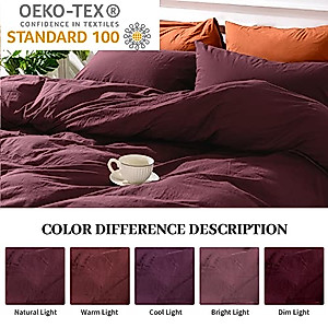 NEXHOME PRO Duvet Cover Set King Size Linen Look Textured Organic Natural 100% Washed Cotton Duvet Cover Burgundy Dark Red 3 Pieces Bedding Set with Zipper, Breathable, Soft (No Comforter)