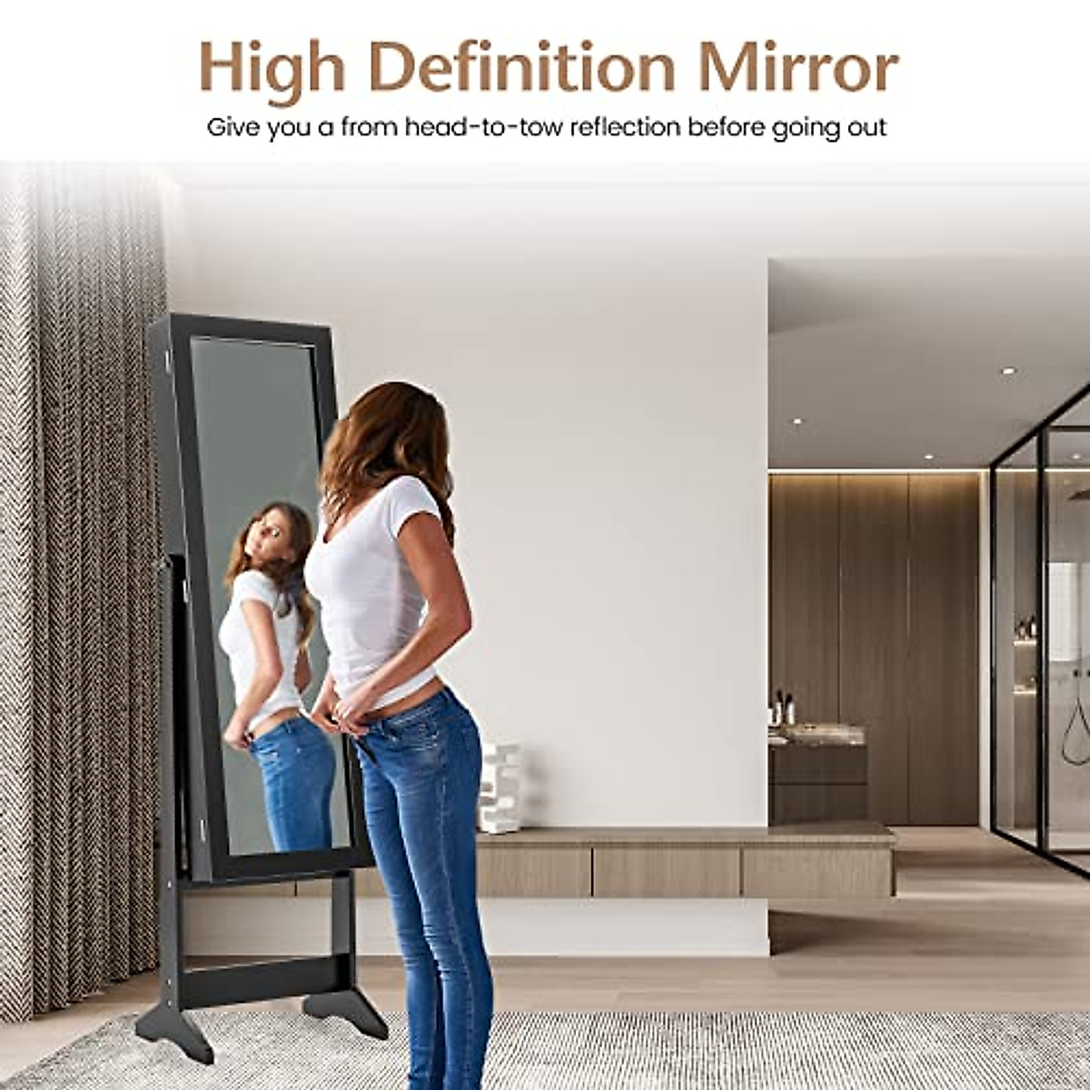 COSTWAY Jewelry Armoire Cabinet, Standing Jewelry Organizer with Full-length Mirror & 3 Adjustable Angles, Large Storage Capacity Jewelry Cabinet for Bedroom, Dressing Room (Black)