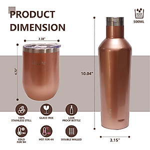 Hiciin Stainless Steel Wine Tumblers with Lid TWO 12oz & Insulated Wine bottle ONE 25oz&Gift Set with well packaged box.Keep water,wine,drinks with warm or cold (Champagne Gold)