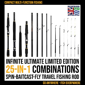 Rigged and Ready Infinite Ultimate 25-in-1 Spin-Baitcast-Fly Travel Fishing Rod. 25+ Combinations. Compact Spin-Cast-Fly Fish Pole Packrod