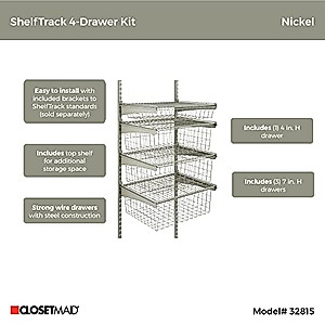 ClosetMaid ShelfTrack Nickel 4-Drawer Kit, Add On Accessory, with Pull Out Mesh Wire Baskets, for Clothes, Socks, Accessories