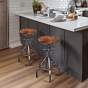 LOKKHAN Set of 2 Industrial Bar Stool-Vintage Adjustable Round Wood Metal Swivel Bar Stool-Cast Iron-23-30 Inch Tall Counter Bar Height Farmhouse Kitchen Stools