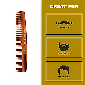 Wahl Beard, Mustache, & Hair Styling Comb for Men's Grooming - Handcrafted & Hand Cut with Cellulose Acetate - Smooth, Rounded Tapered Teeth - Model 3328