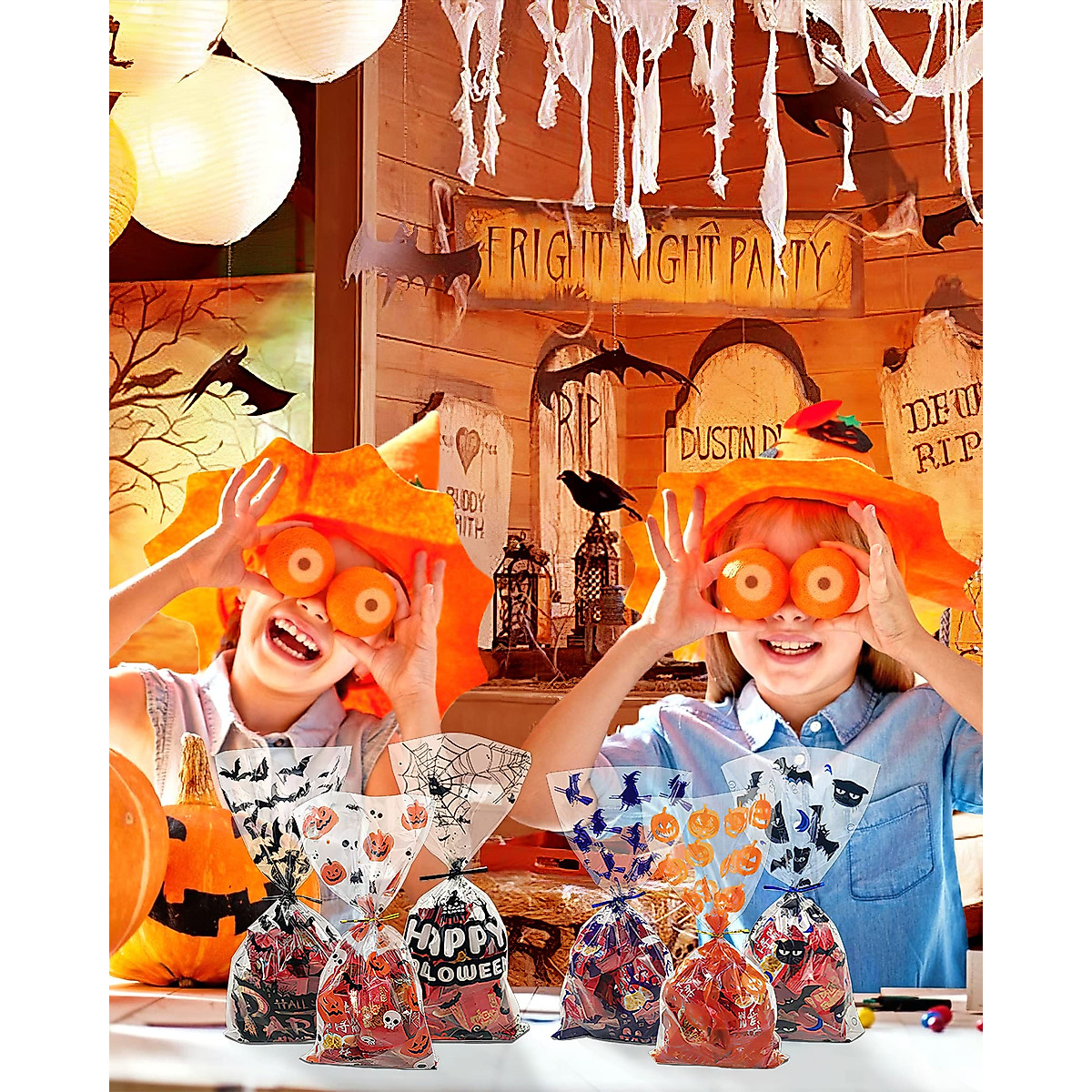 NESIMY Halloween Treat Bags Cello Candy Cellophane Goody Bag Bulk with Twist Ties for Trick or Treat Holiday Goodies Gifts and Party Favors