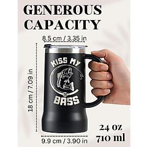 Onebttl Bass Fishing Gifts for Men, Stainless Steel Beer Stein Tumbler, 24oz Beer Mug with Lid for Father's Day, Christmas - Kiss My Bass