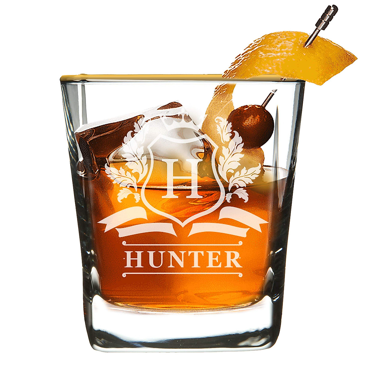 Custom Personalized 9 oz Square Rocks Whiskey Glass Tumbler with Heavy Base and Gold Color Rim