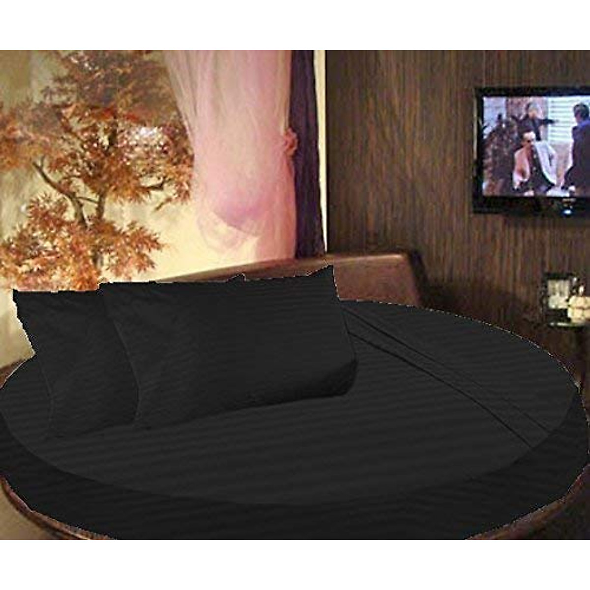 White House Linen Ultra-Soft Luxury 600 Tc Egyptian Cotton 3pc Round Bed Sheet Set Black Stripe 84" Diameter + Standard Size15 Inches Deep Pocket