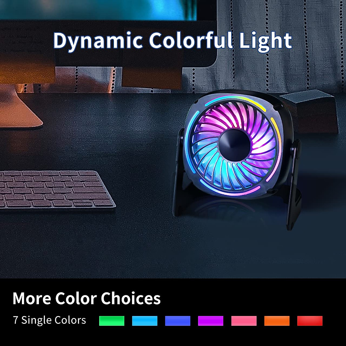 Punoge Small USB Desk Fan - 5.3 Inch Portable Table Fan with 3 Levels Air Flow, 8 Color LED Lights, 360° Rotation, Quiet Mini Personal Fan for Home Office Desktop